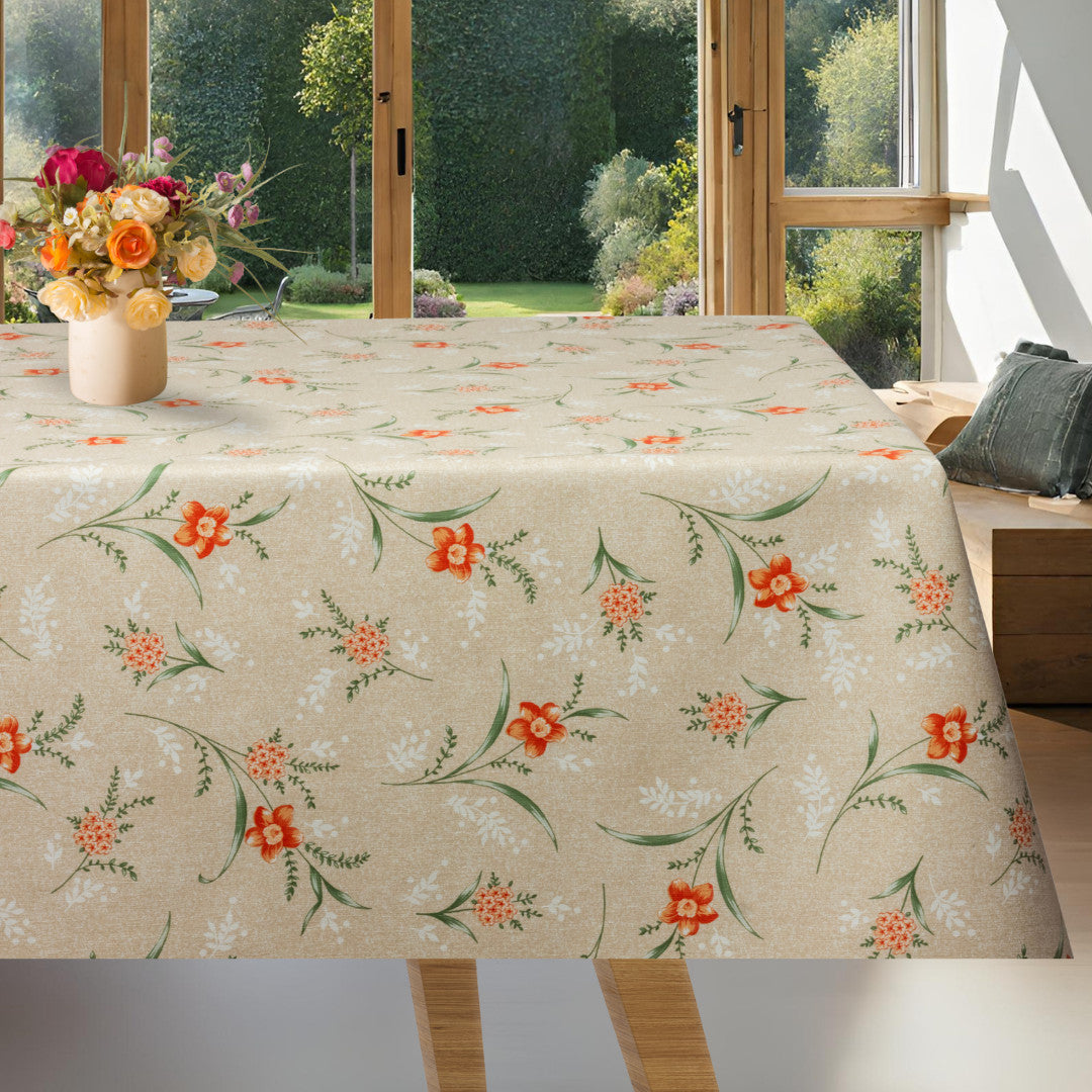 Voksdug med orange blomster og hørlook | 140 cm bred | Se nu – Voksdugen